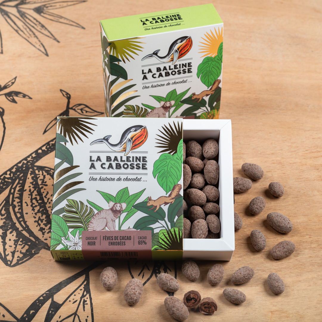 Fèves de cacao enrobées de chocolat noir